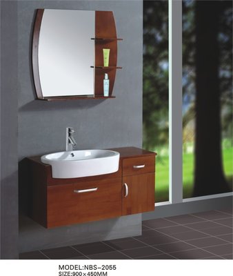China Light brown flush solid oak bathroom wall cabinet , single sink bathroom vanity cabinets supplier